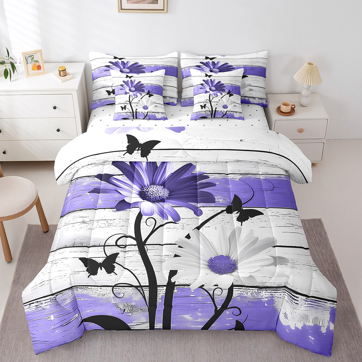 jejeloiu Cute Butterfly Daisy Twin Bedding Sets,7-Piece,Rustic Flower ...