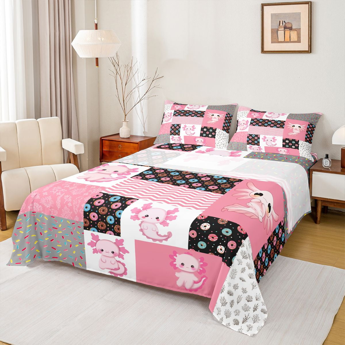 jejeloiu Cute Cartoon Axolotl Full Size Sheets,Kawaii Dessert Doughnut ...