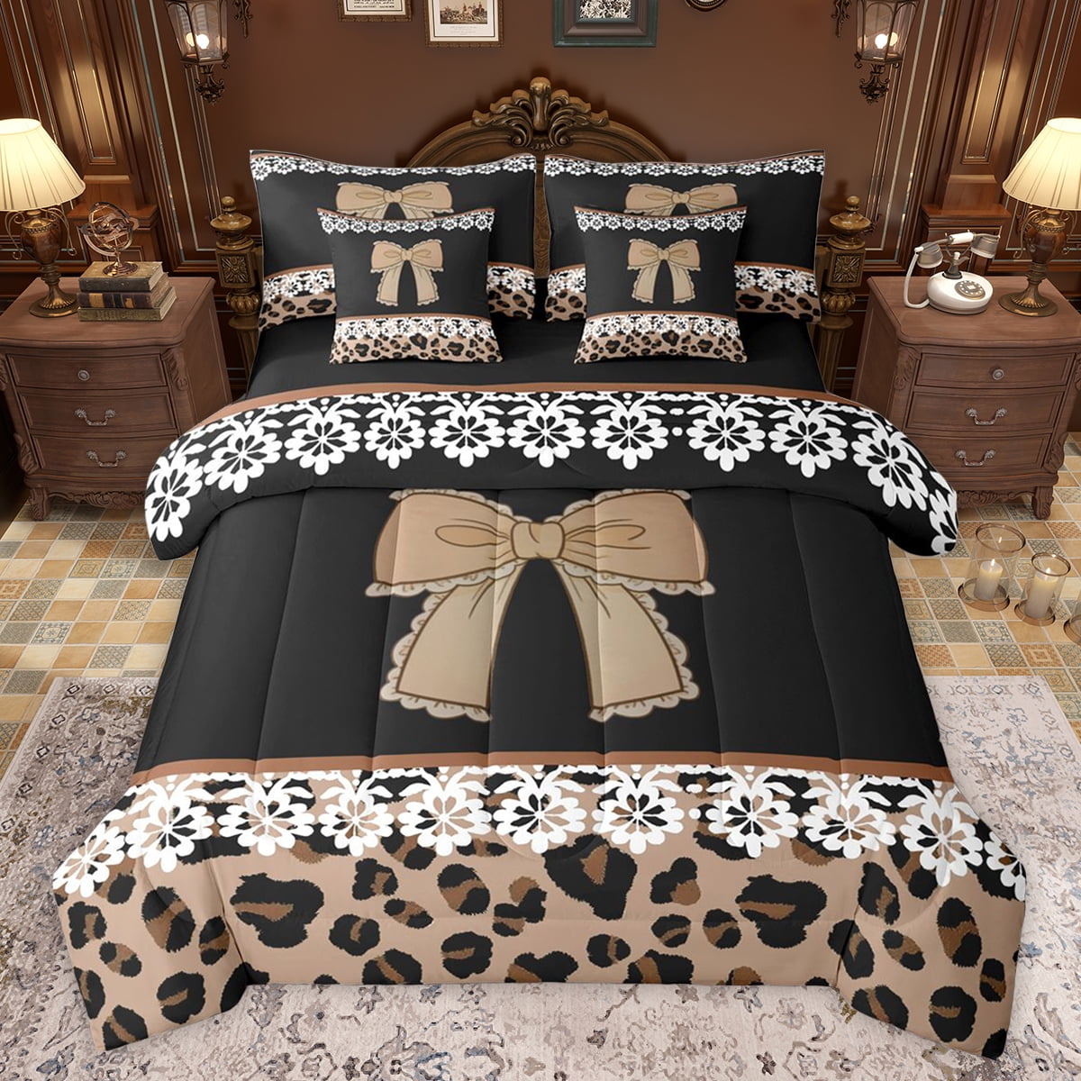 jejeloiu Cute Cartoon Bowtie 7pcs Bedding Comforter Set,Kawaii Leopard ...