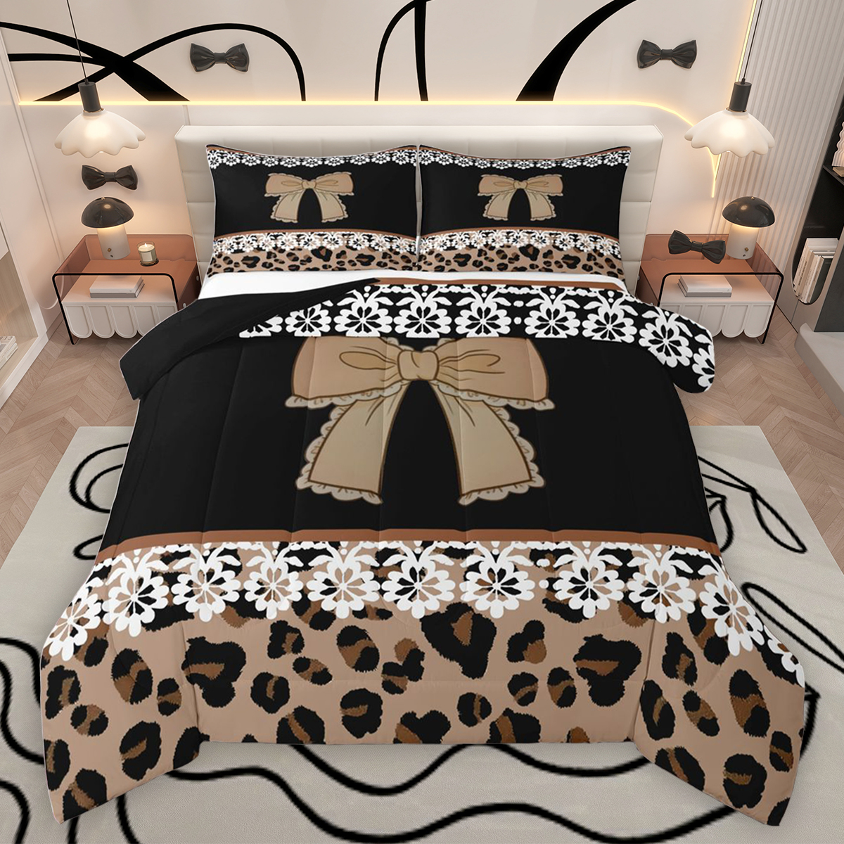 jejeloiu Cute Cartoon Bowtie Full Size Comforter Sets,Kawaii Leopard ...