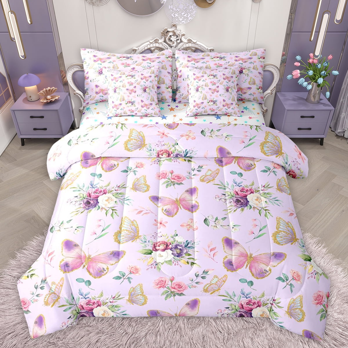 jejeloiu Cute Cartoon Butterflies 7-Piece Twin Bedding Sets,Country ...
