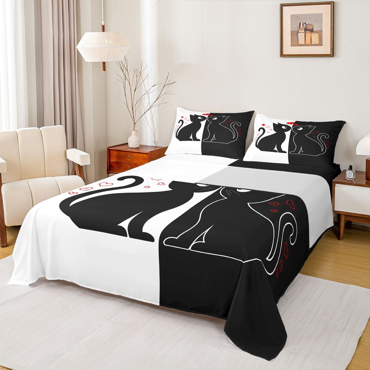 jejeloiu Cute Cartoon Cat Full Size Sheets,Kawaii Kitten Loves Bed ...