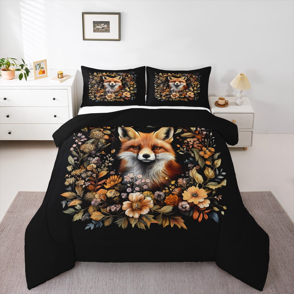 jejeloiu Cute Cartoon Fox Queen Comforter Set,Colorful Rustic Flower ...