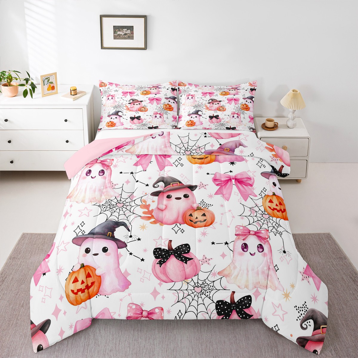 jejeloiu Cute Cartoon Ghost Queen Comforter Set,Halloween Pumpkin ...
