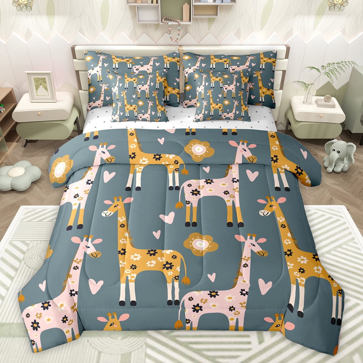jejeloiu Cute Cartoon Giraffe 7pcs Bedding Comforter Set,Cute Flowers ...