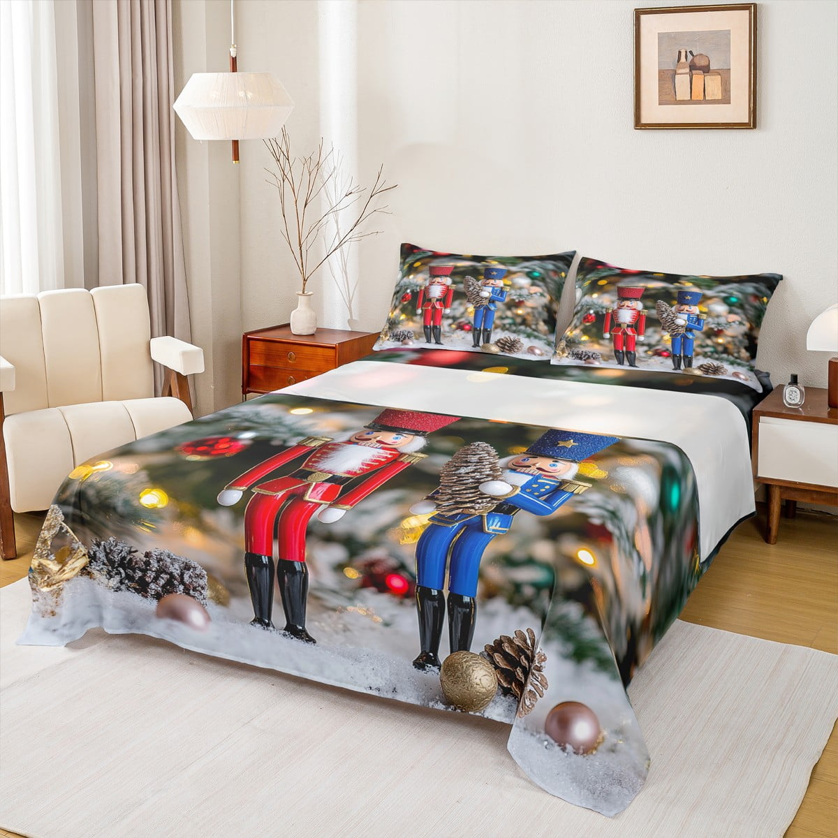 jejeloiu Cute Cartoon Nutcracker Full Size Sheets,Chic Christmas Tree ...