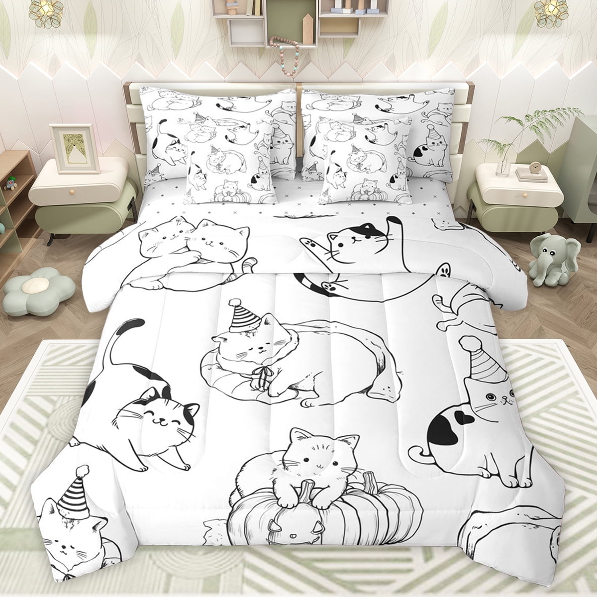 jejeloiu Cute Cat 7-Piece Bedding Comforter Set,Pet Animal King Bedding ...