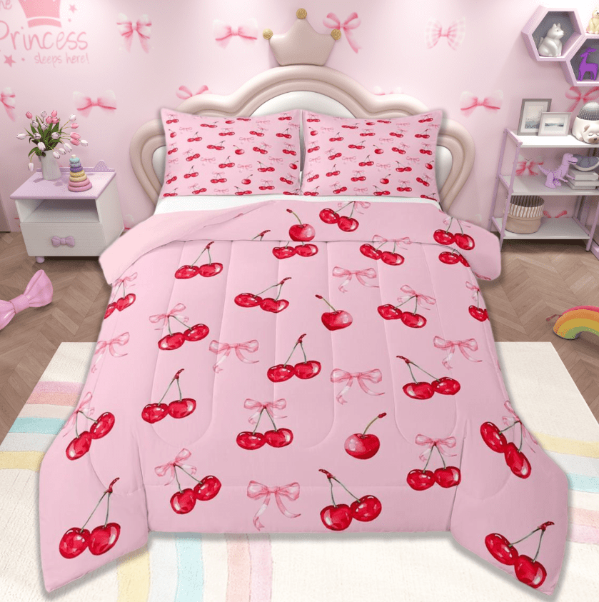 jejeloiu Cute Cherry Bedding Comforter Set,Kawaii Bowtie Bow Twin ...