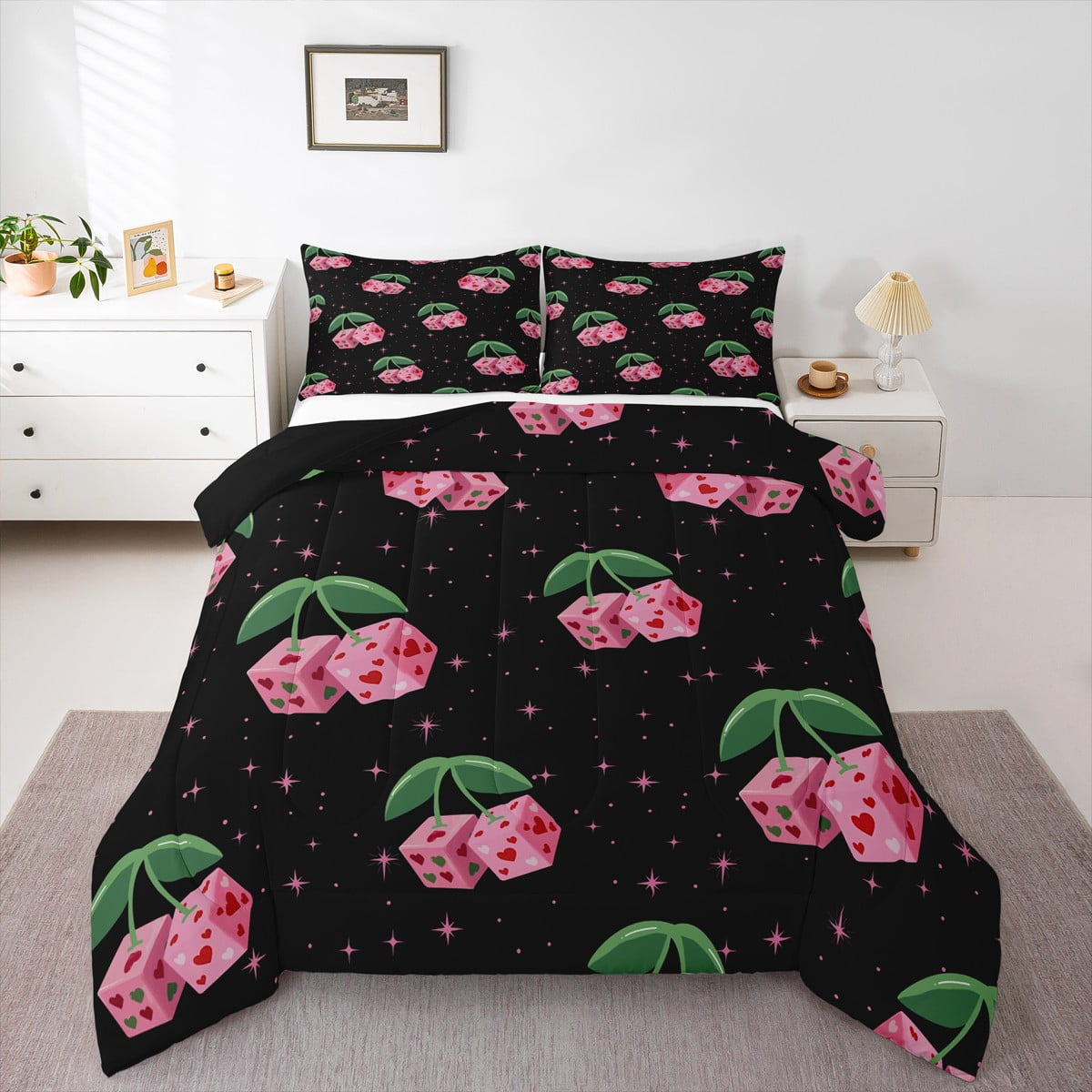 jejeloiu Cute Cherry Queen Comforter Set,Fruit Theme Bedding Sets,Pink ...
