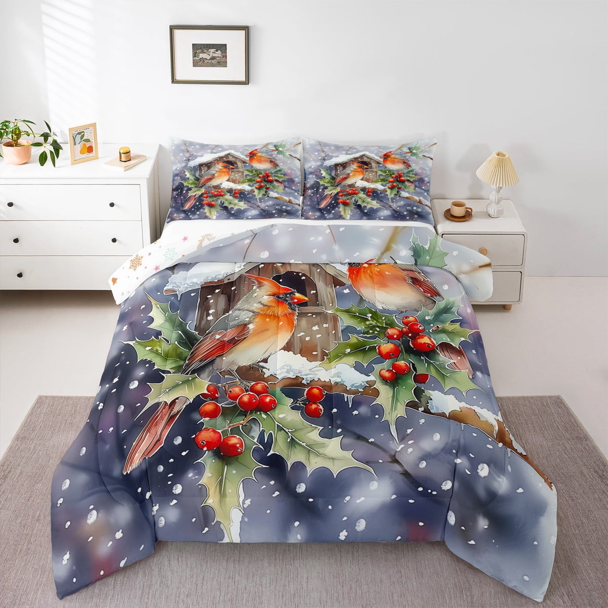 jejeloiu Cute Christmas Cardinal Bedding Comforter Set,Red Berry Twin ...