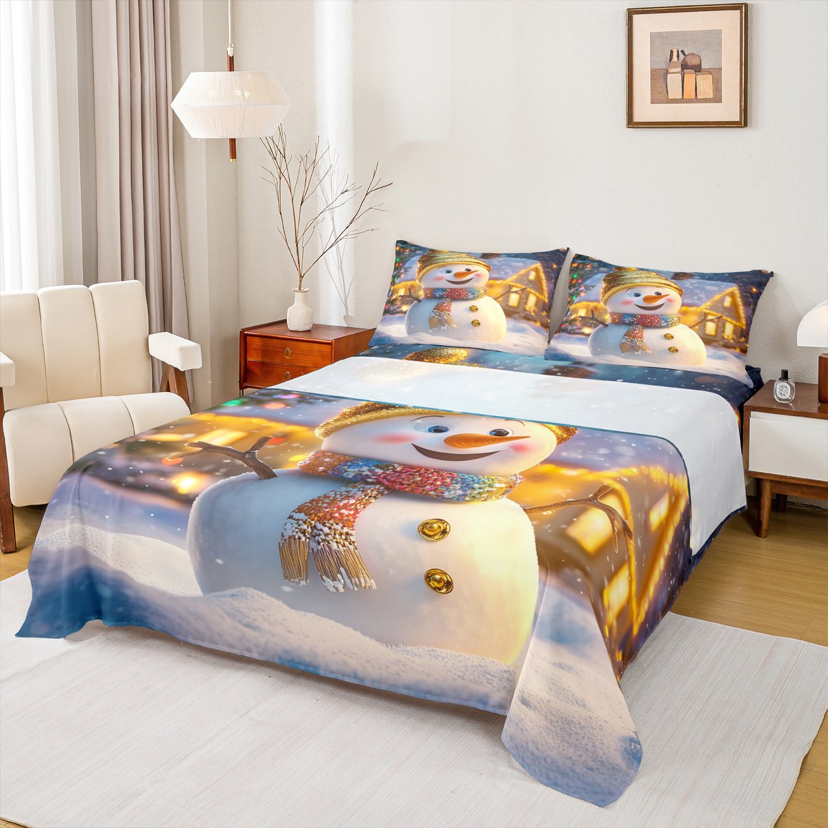 jejeloiu Cute Snowman Queen Sheet Set,Marry Xmas,4-Piece Microfiber ...