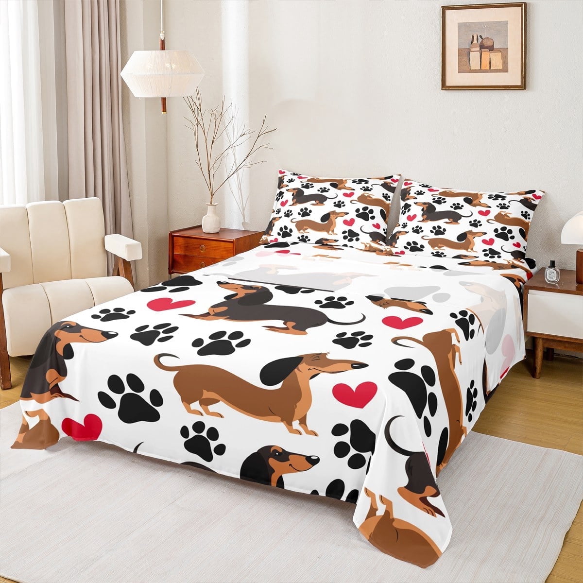 jejeloiu Cute Dachshund Full Size Sheets,Pet Animal Bed Sheets,Dog Paw ...