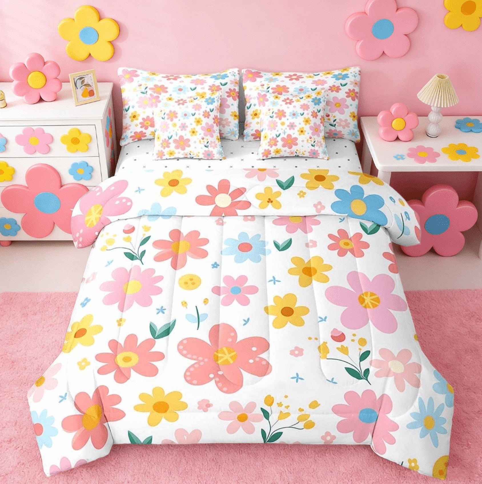 jejeloiu Cute Flower 7-Piece Twin Bedding Sets,Kids Cartoon Cute Floral ...