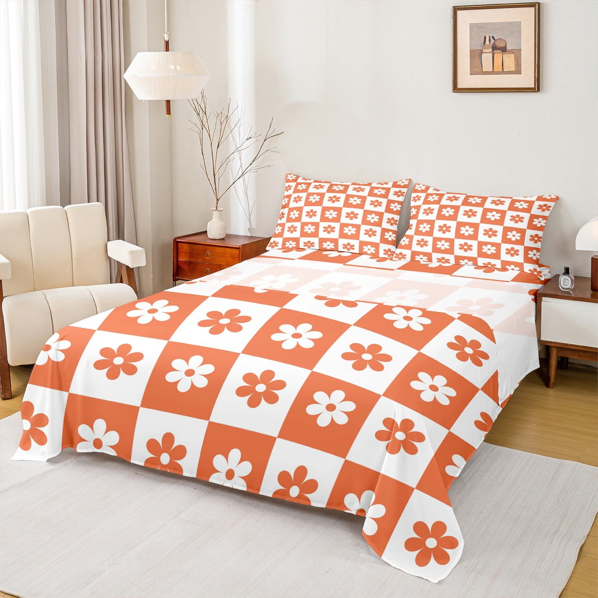 jejeloiu Cute Flower Flora Full Size Sheets,Modern Geometric Checkered ...