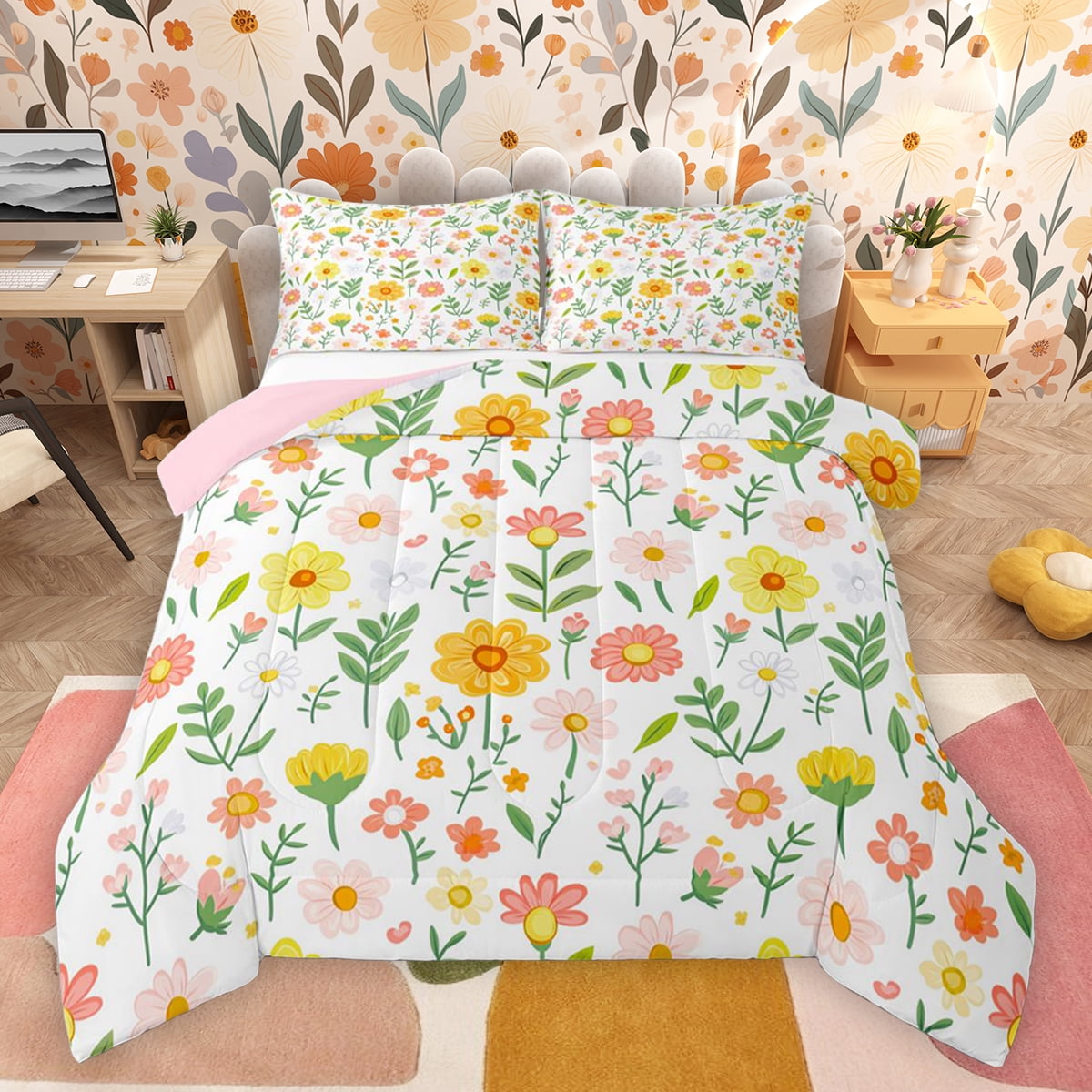 jejeloiu Cute Flowers Blossom Queen Comforter Set,Colorful Floral Daisy ...