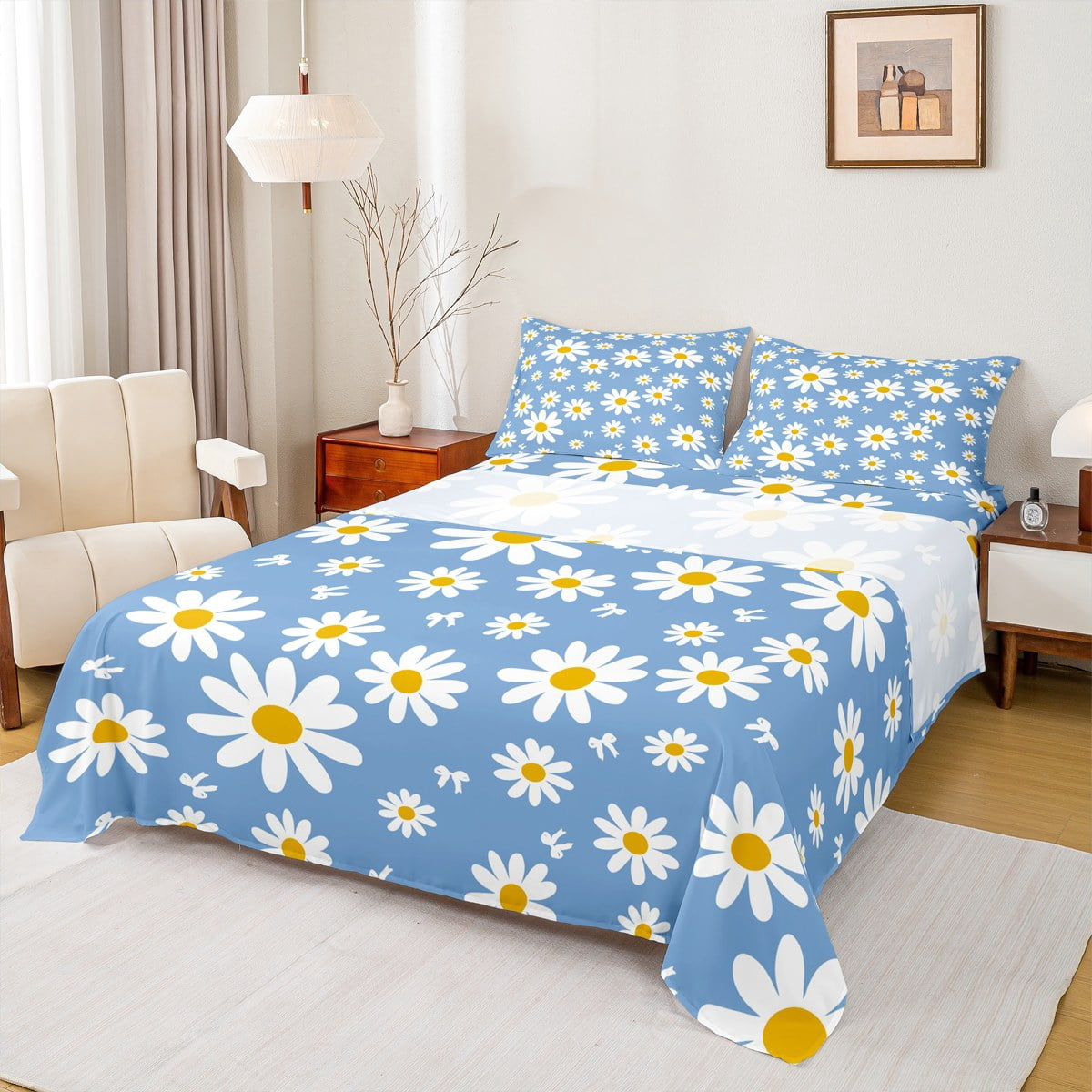 jejeloiu Cute Flowers Blossom Twin Sheet Sets,Kawaii Bowtie Daisy Twin ...