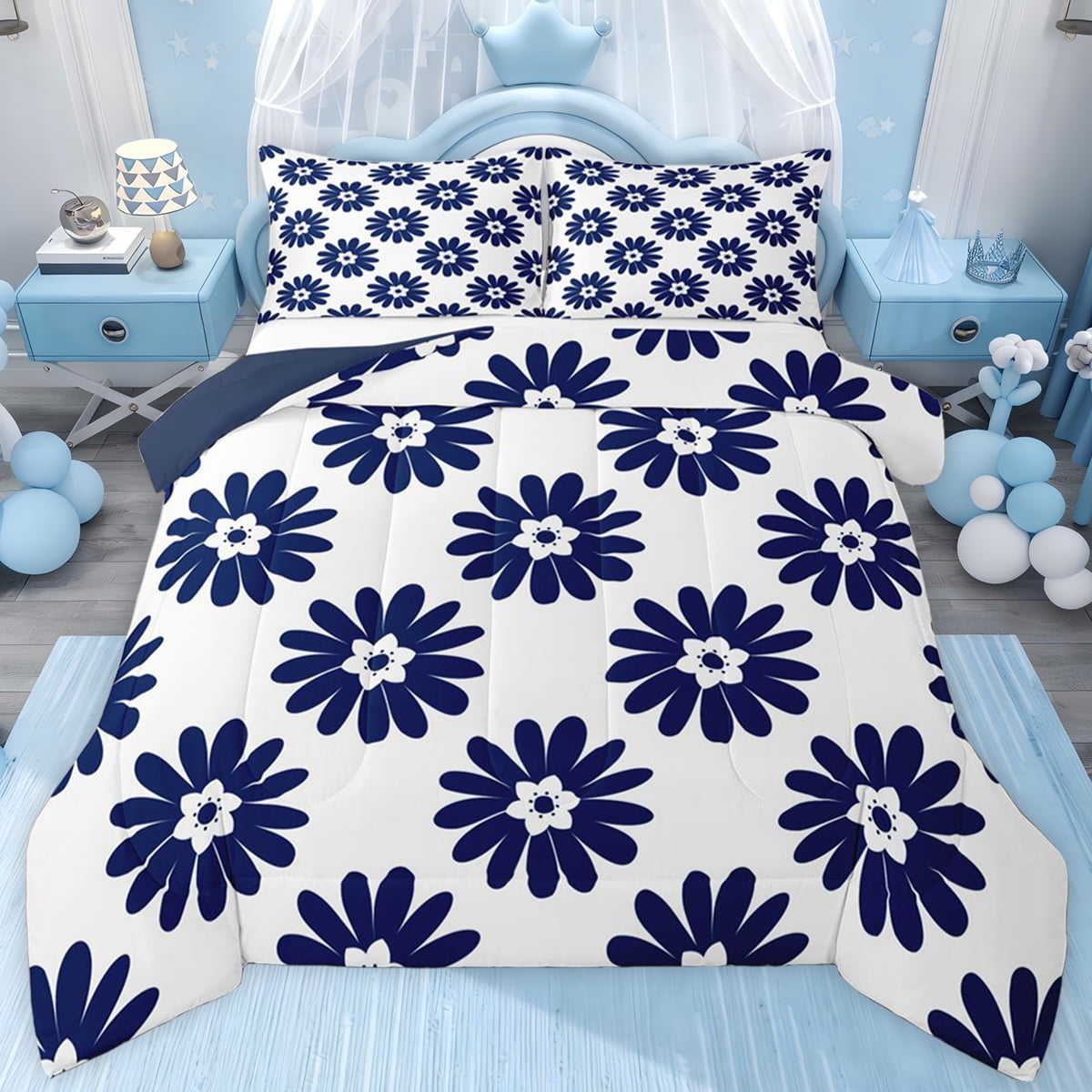 jejeloiu Cute Flowers Daisy Twin Comforter Sets,Blue Floral Blossom ...