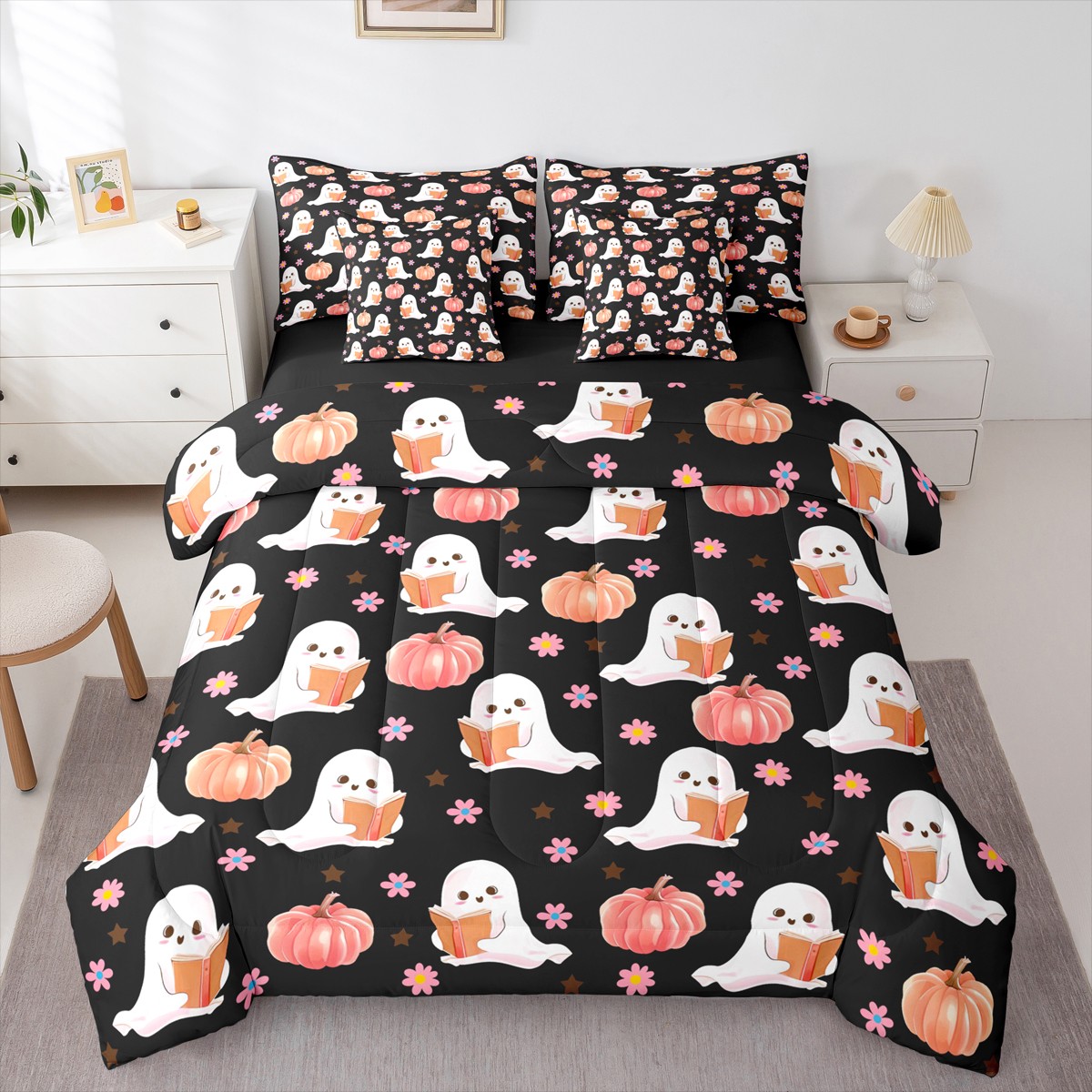 jejeloiu Cute Ghost Bedding Comforter Set 7-Piece,Country Pumpkin ...