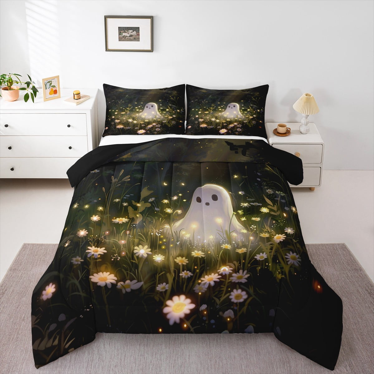jejeloiu Cute Ghost King Size Comforter Sets,White Flower Daisy Bedding ...