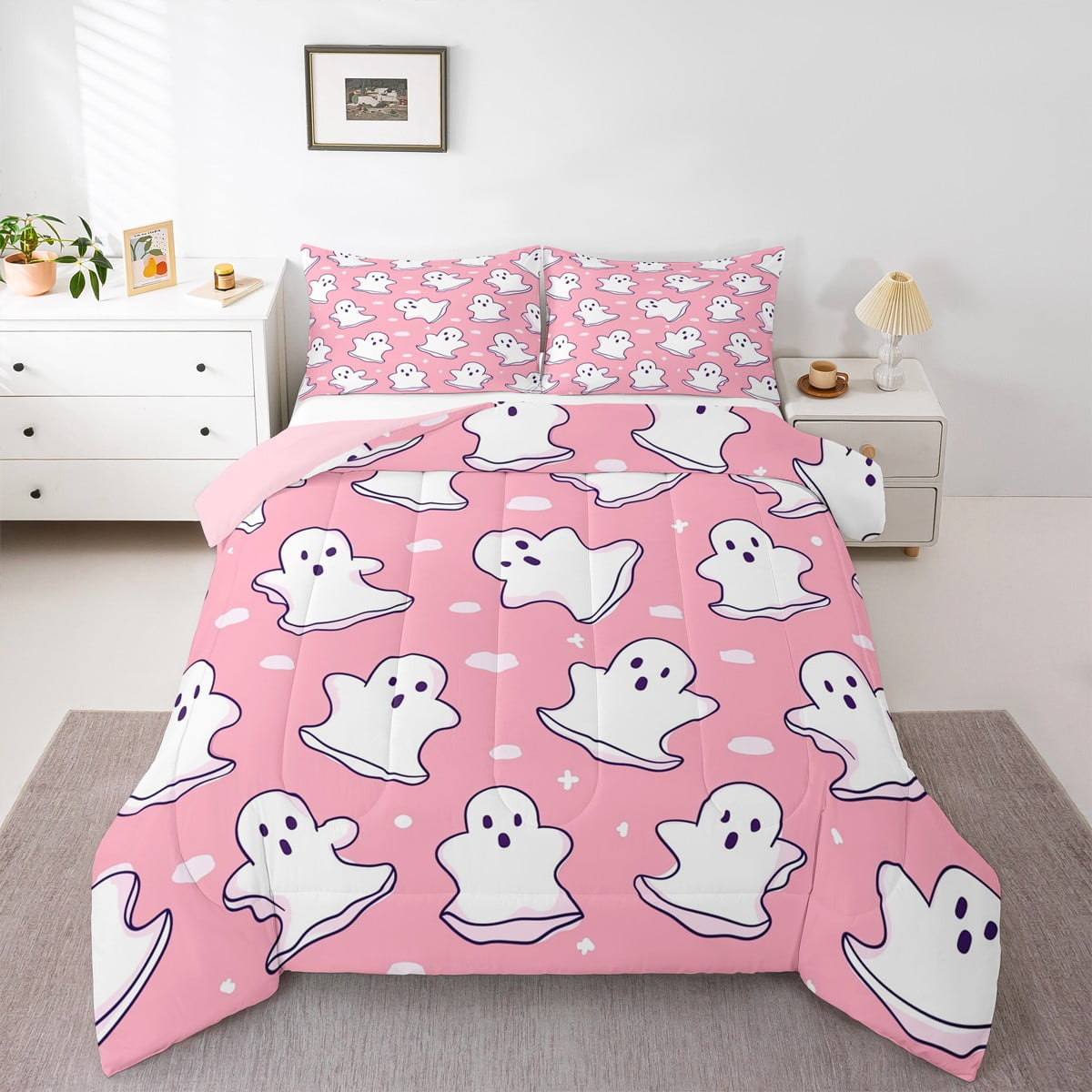 jejeloiu Cute Ghost Queen Comforter Set,Happy Halloween Bedding Sets ...