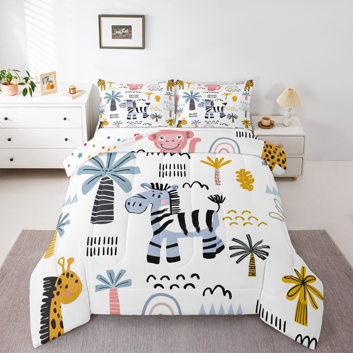 jejeloiu Cute Giraffe Zebra Bedding Comforter Set,Zoo Animal Monkey ...