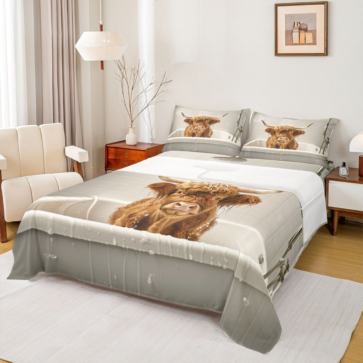 jejeloiu Cute Highland Cattle Full Size Sheets,Farm Animal Bed Sheets ...