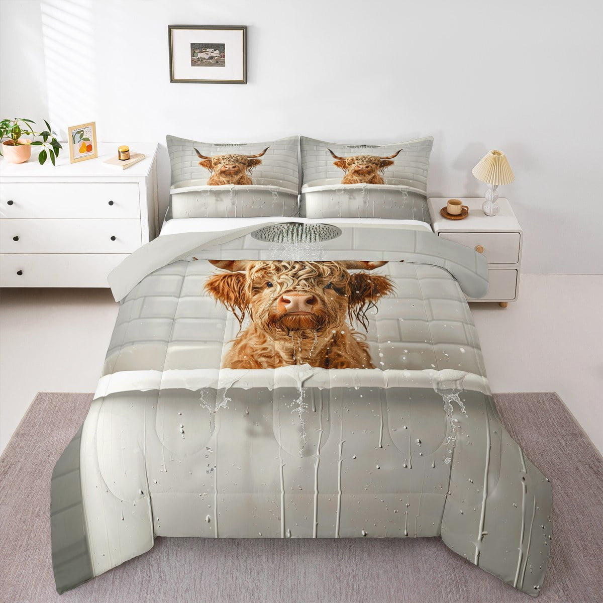 jejeloiu Cute Highland Cattle Queen Comforter Set,Brown Farm Animal ...
