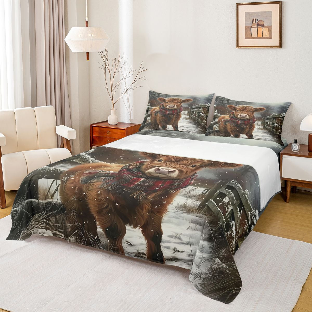 jejeloiu Cute Highland Cow Bed Sheets,Rustic Farmhouse Cabin King ...