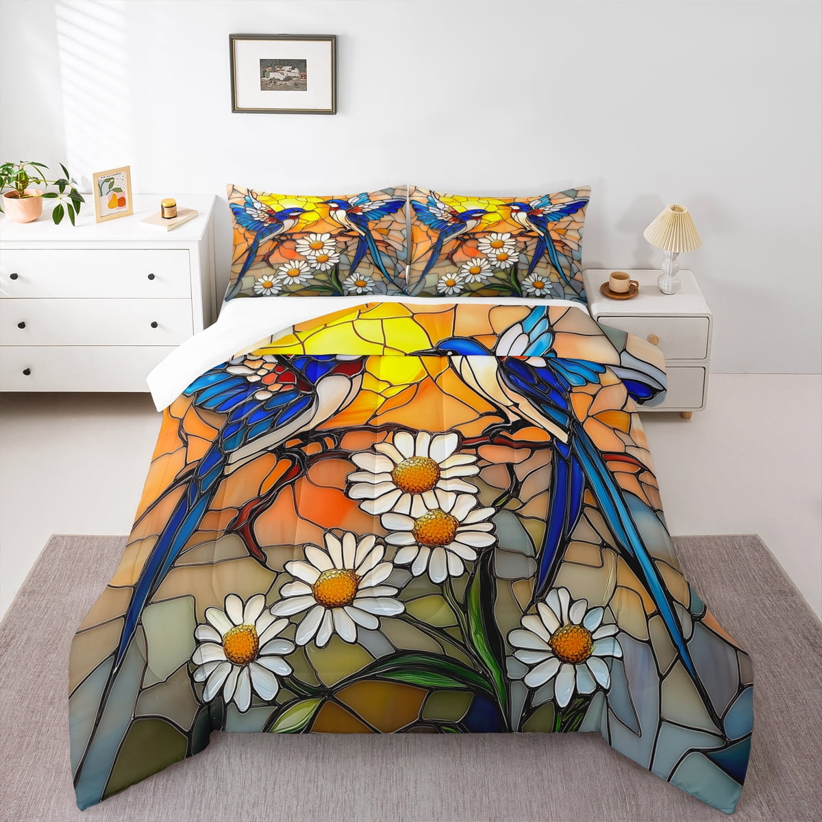 jejeloiu Cute Hummingbird Queen Comforter Set,Rustic Daisy Flower ...