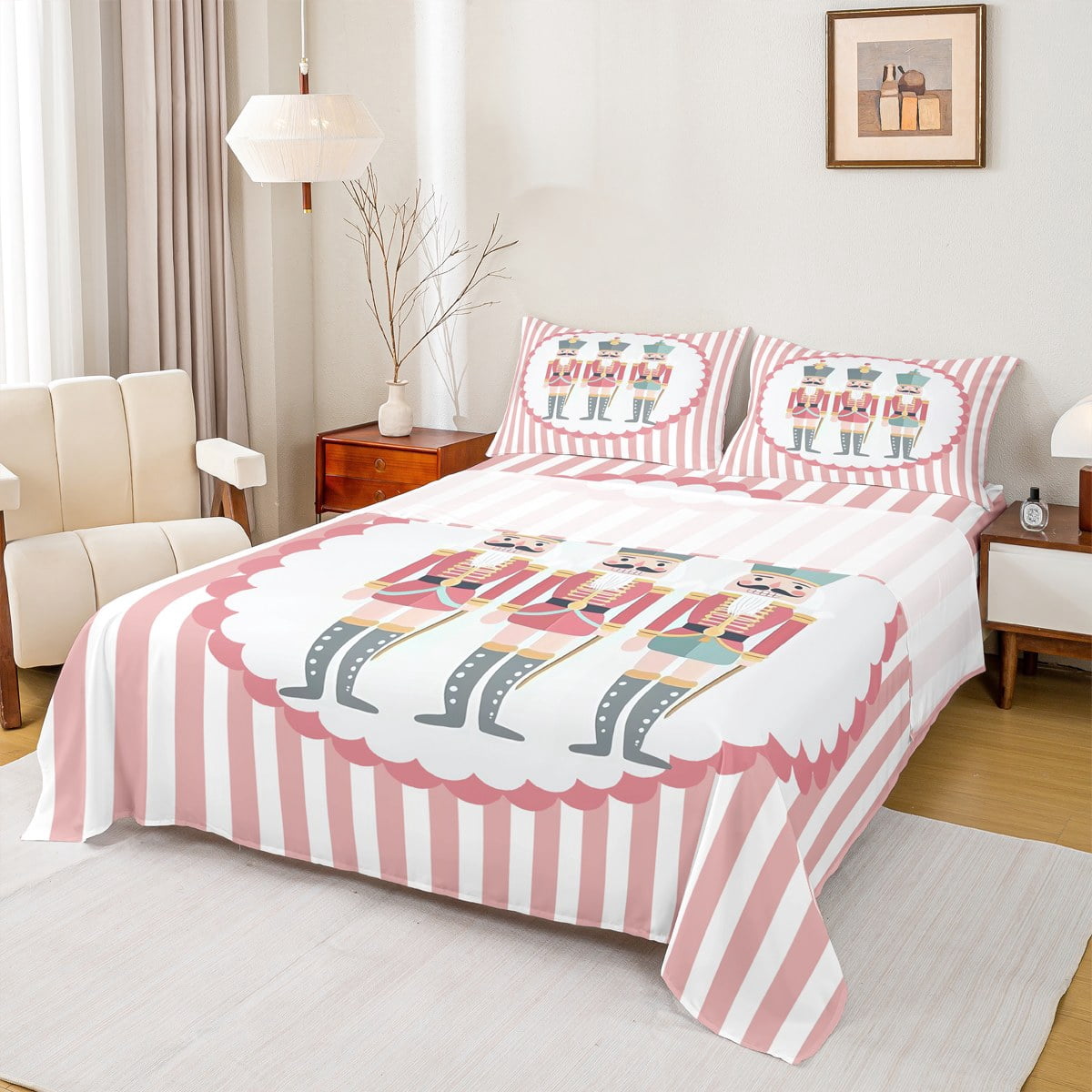 jejeloiu Cute Nutcracker Full Size Sheets,Pink Geometric Stripe Bed ...