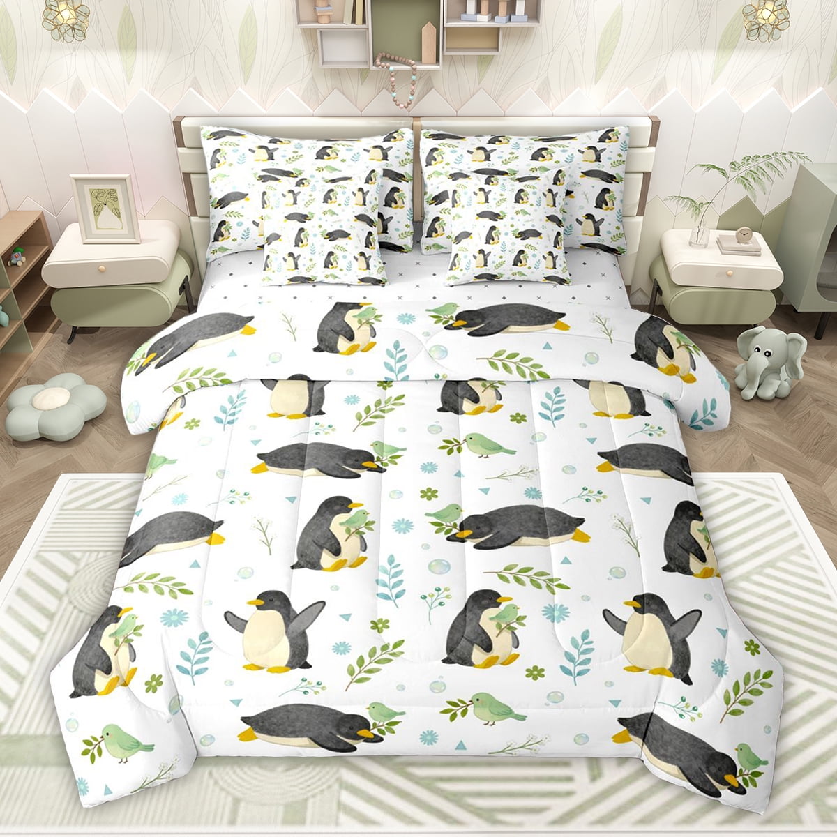 jejeloiu Cute Penguin 7-Piece Bedding Comforter Set,Rustic Plant Leaf ...