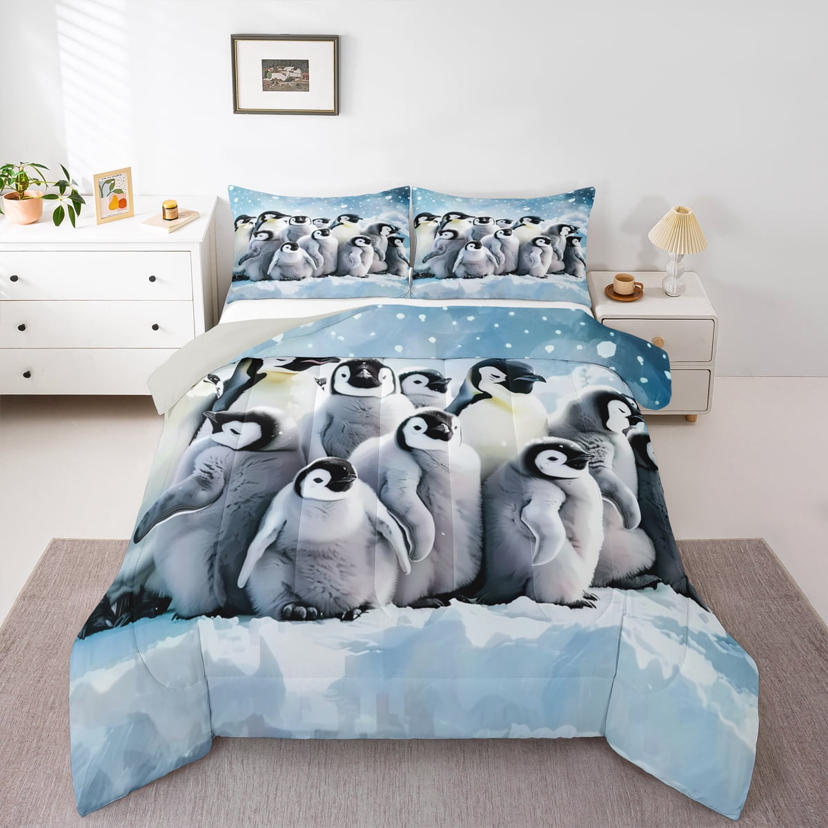 jejeloiu Cute Penguin Queen Comforter Set,Wild Animal Bedding Sets,Gray ...