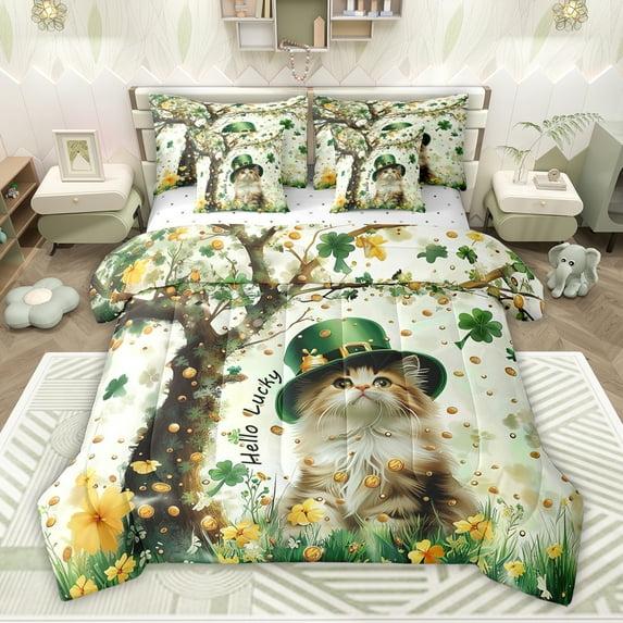 jejeloiu Cute Pet Cat 7 Pieces Bedding Comforter Set,Hello Lucky Clover ...