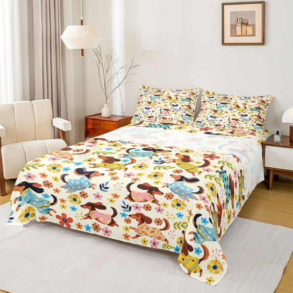 jejeloiu Cute Pet Dachshund Bed Sheets,Kawaii Flowers Blossom King ...