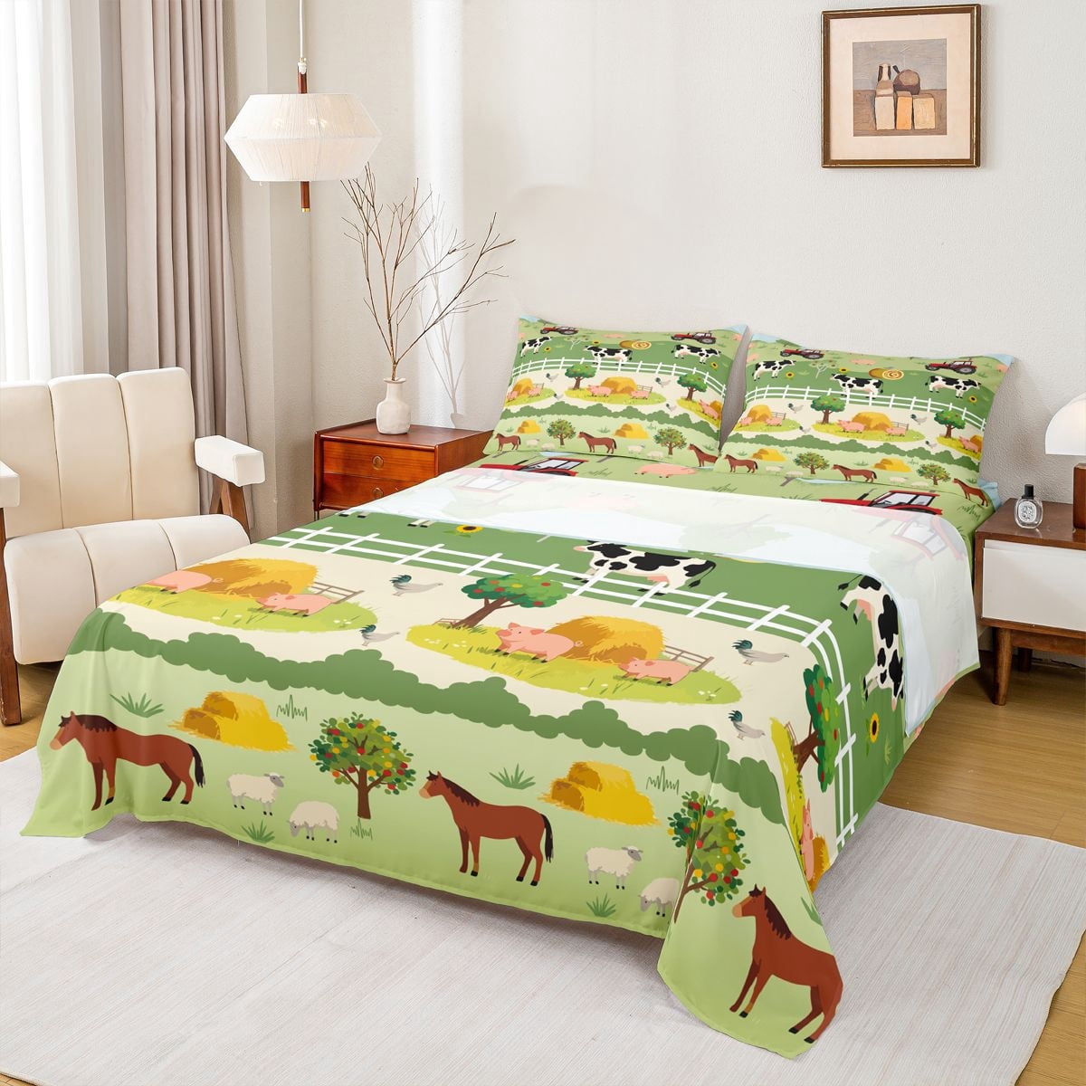 jejeloiu Cute Pig Cow Full Size Sheets,Country Farmhouse Horse Bed ...