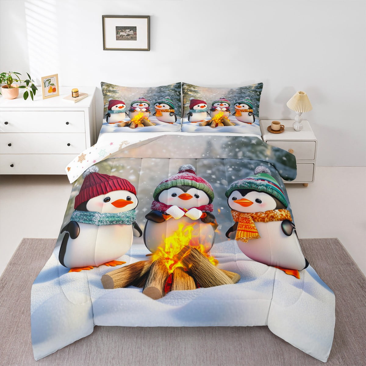 jejeloiu Cute Pinguin Queen Comforter Set,Cartoon Ocean Animal Bedding ...