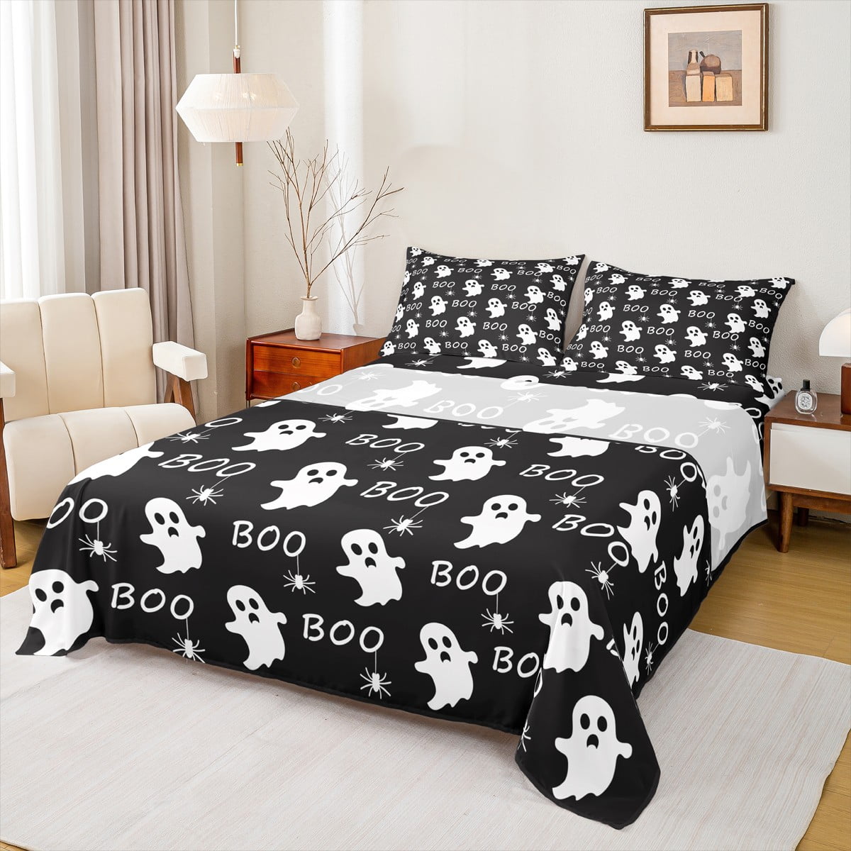 jejeloiu Cute Spider Ghost Bed Sheets,Happy Halloween King Sheets,White ...