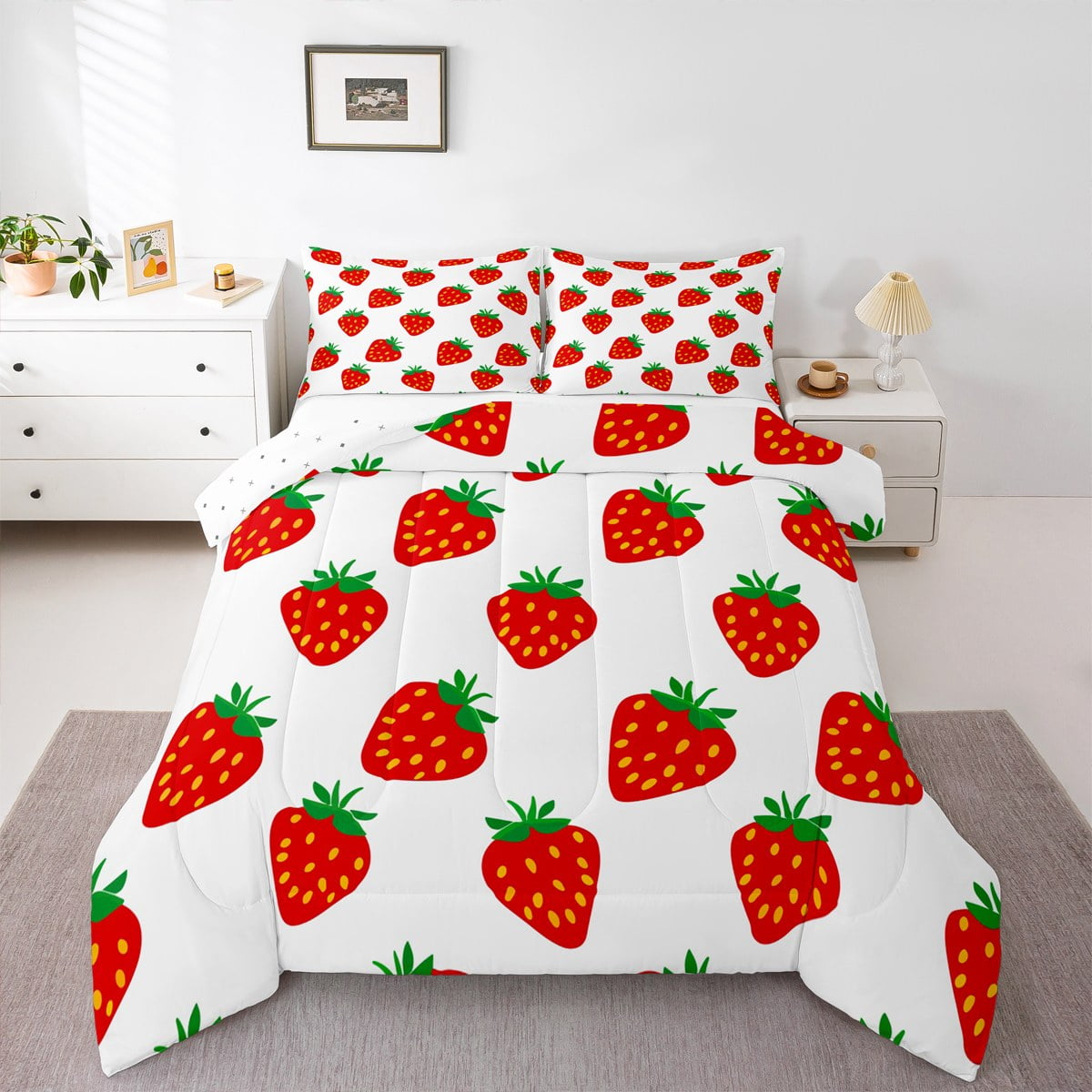jejeloiu Cute Strawberry Full Size Comforter Sets,Kawaii Fruit Bedding ...
