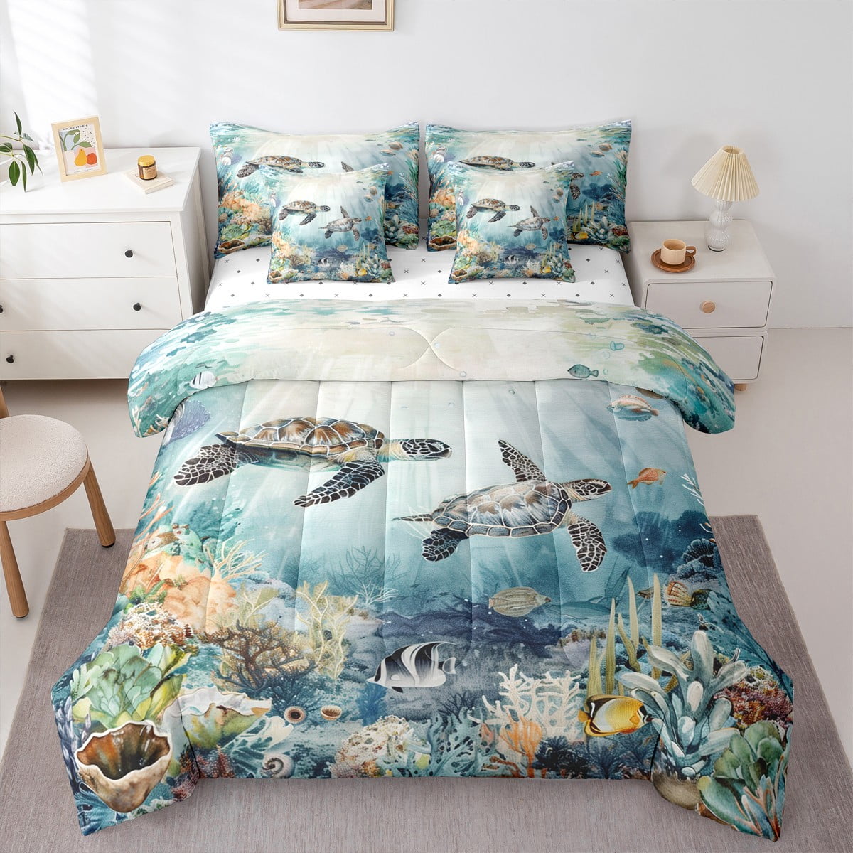 jejeloiu Cute Turtle Bedding Comforter Set 7-Piece,Sealife Coral Shell ...