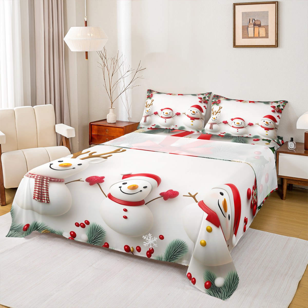 jejeloiu Cute Xmas Snowmen Queen Sheet Sets,Happy New Year Flat Sheet ...