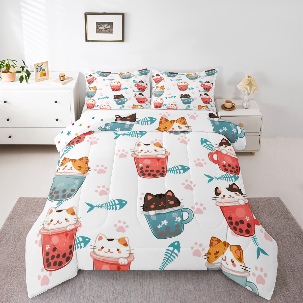 jejeloiu Cyte Cartoon Kitten Bedding Comforter Set,Dessert Milk Tea ...