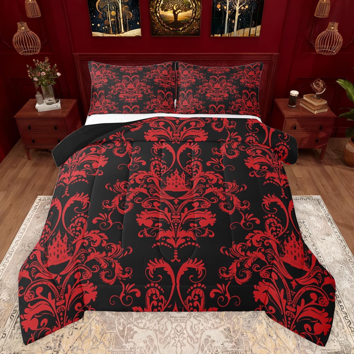jejeloiu Damask Floral Pattern Queen Comforter Set,Red Victorian Print ...