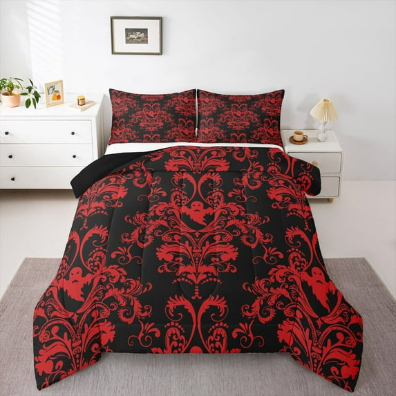 jejeloiu Damask Floral Pattern Queen Comforter Set,Red Victorian Print ...