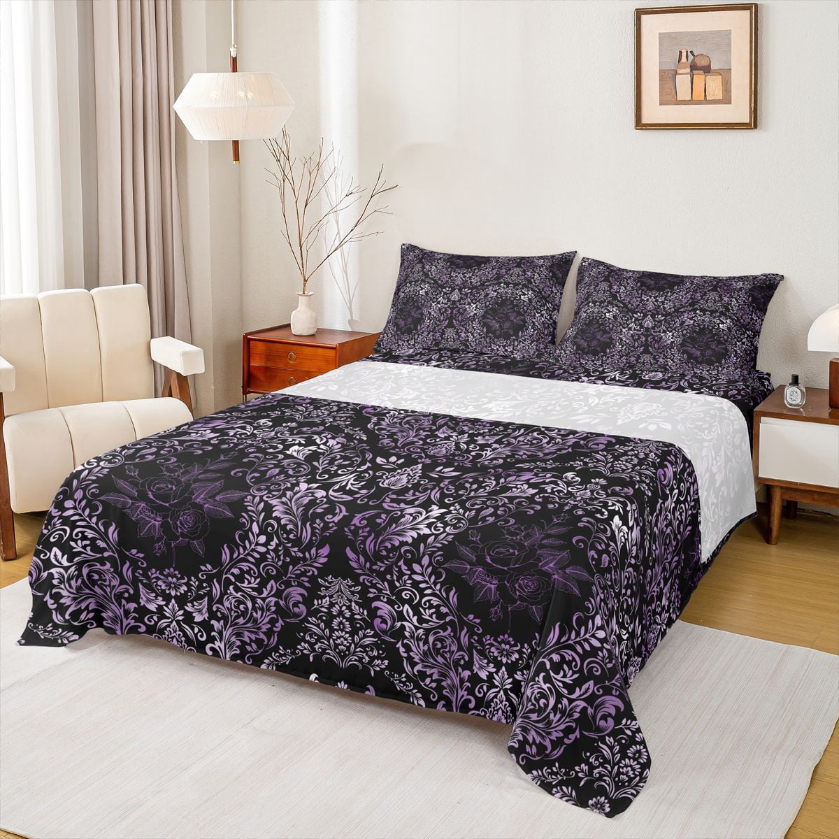 jejeloiu Dark Damask King Sheets,Floral Print Bedding For Adults,Black ...