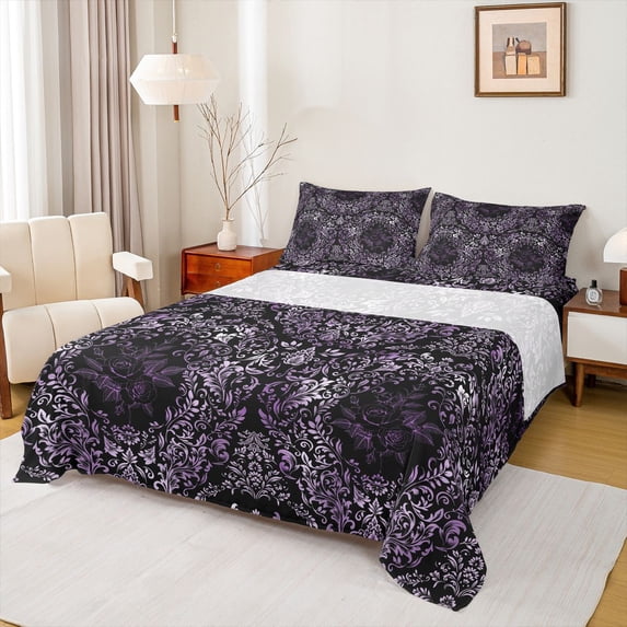 jejeloiu Dark Damask King Sheets,Floral Print Bedding For Adults,Black ...