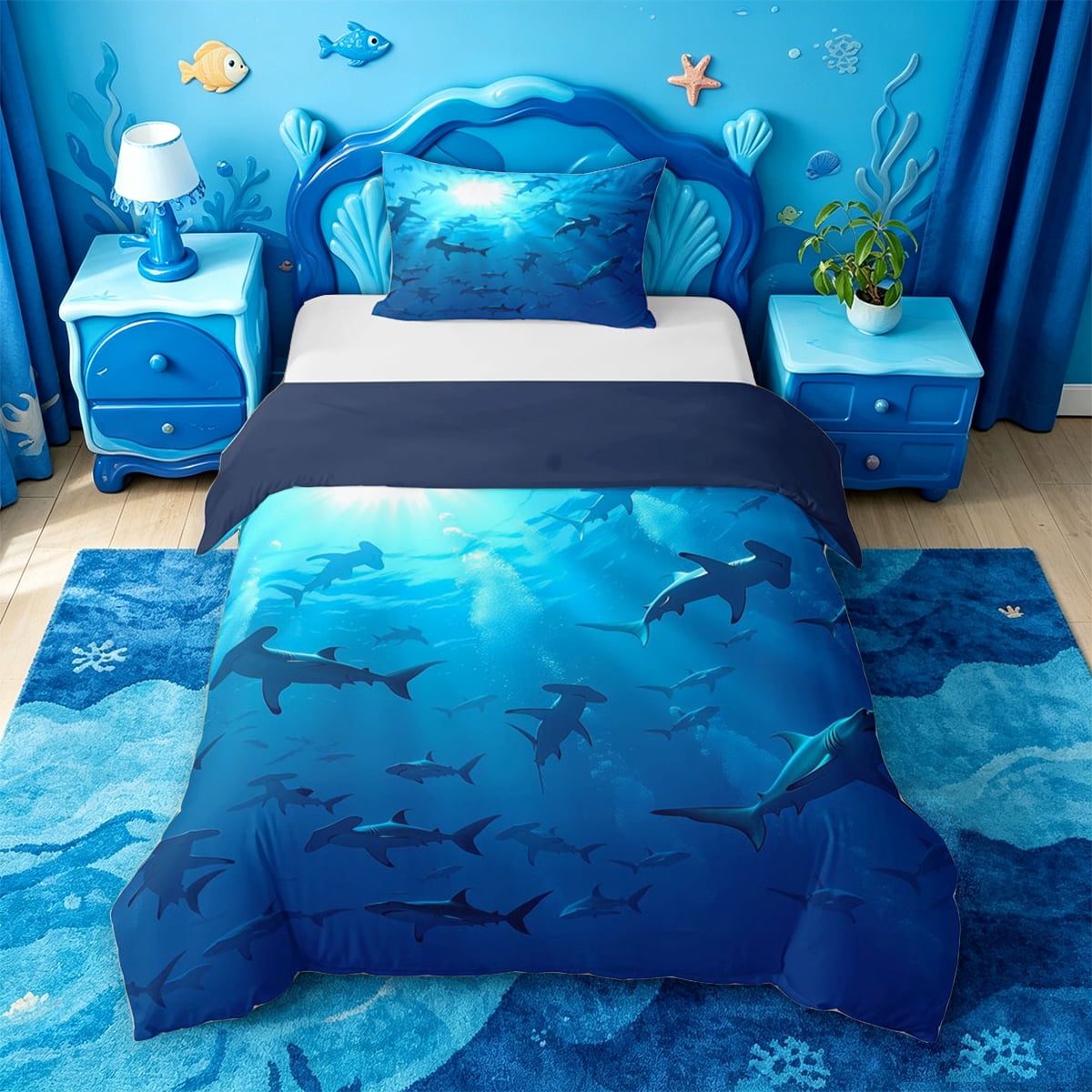 jejeloiu Deep Ocean Shark Twin Duvet Cover,Sunlight Print Twin Bedding ...