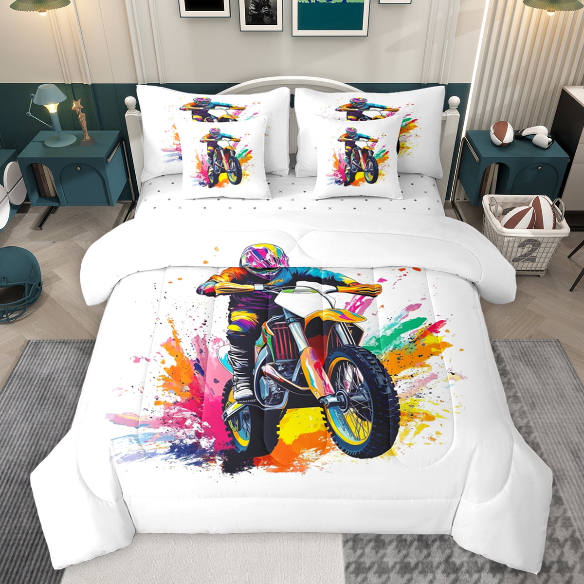 jejeloiu Dirt Bike 7pcs Bedding Comforter Set,Extreme Motorcycle Soprt ...