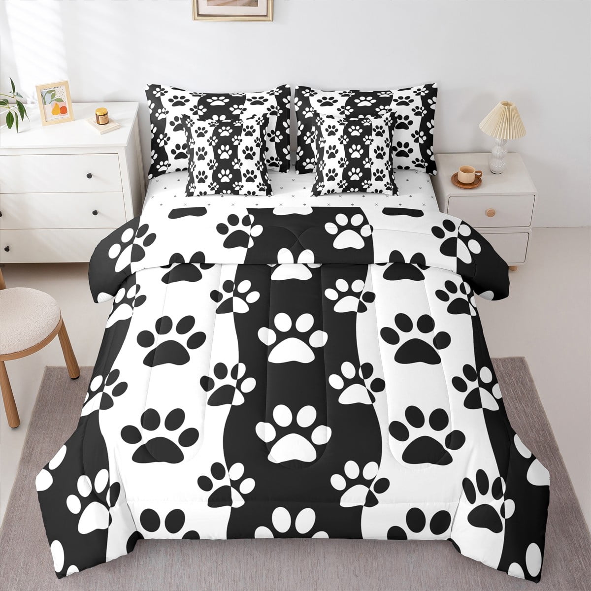jejeloiu Dog Paw Prints Bedding Comforter Set 7pcs,Farm Animal Queen ...