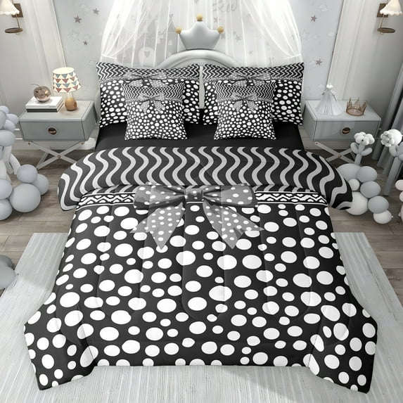 jejeloiu Dots Print Bowknot 7 Pieces Bedding Comforter Set,White Black ...