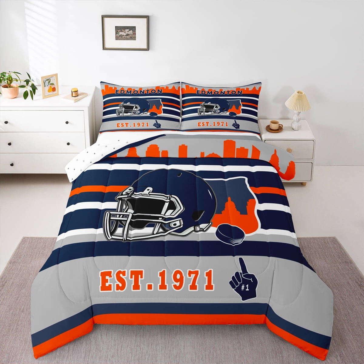 jejeloiu Edmonton City Bedding Comforter Set,Deepblue Striped Line Twin ...